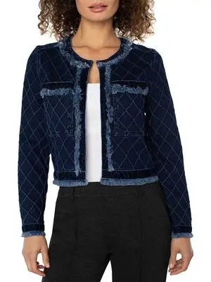 LIVERPOOL Frayed Velvet Trim Denim Jacket - Diamond Dark