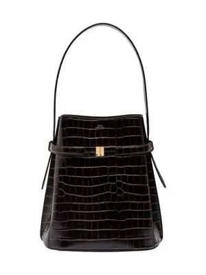 TOTEME Belted Crocodile-effect Leather Bucket Bag - Dark Brown