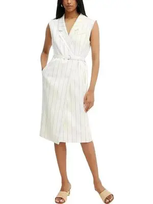 BOSS Pinstripe Belted Midi Dress - White