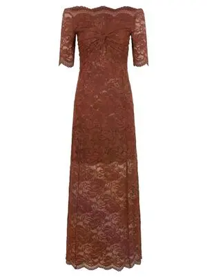 Rabanne Off-shoulder Lace Midi Dress - Brown