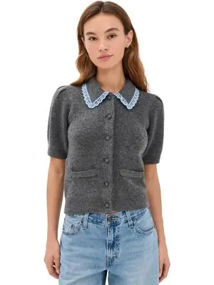 English Factory Lace Trimmed Knit Cardigan - Heather Grey