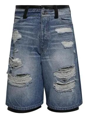 EARTHLING VIP Stacked Denim And Leather Shorts - Blue