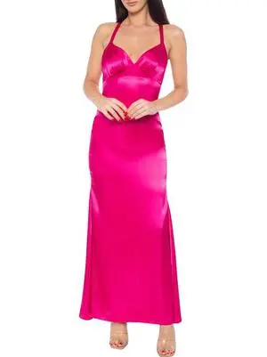 JUMP APPAREL Strappy Back Satin Charmeuse Gown - Fuchsia