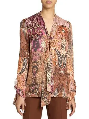 Santorelli Sienna Long Sleeve Printed Charmeuse Blouse - Chestnut Multi