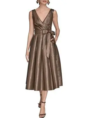 Donna Karan New York Metallic Jacquard Pleated Faux Wrap Cocktail Dress - Vicuna