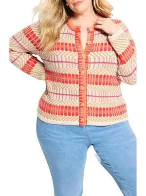 NIC+ZOE Cotton-blend Jacquard Knit Cardigan - Red Multi