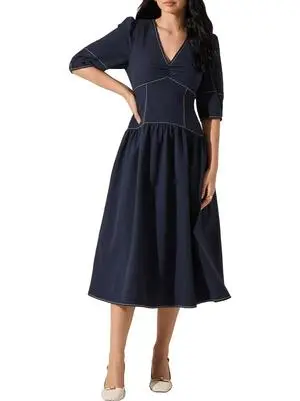 Astr The Label Samarra Topstitch Midi Dress - Navy