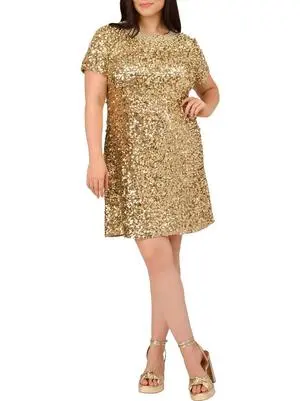 Adrianna Papell Beaded Short Sleeve Shift Mini Dress - Light Gold