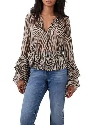 Mint Velvet Zebra Print Ruffle Top - Black