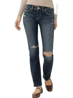 SILVER JEANS CO. Britt Ripped Low Rise Slim Straight Leg Jeans - Bonnie