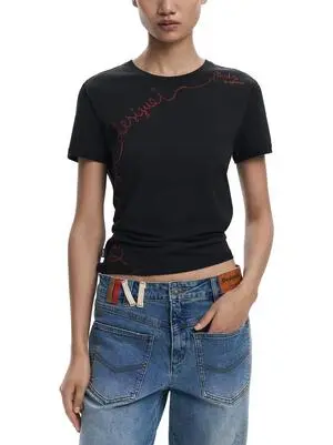 Desigual Embroidered Stretch Cotton T-shirt - Black