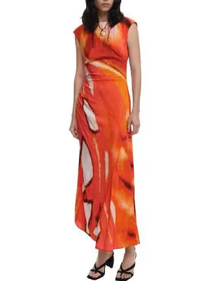 DESIGUAL Cap Sleeve Ruched Maxi Dress