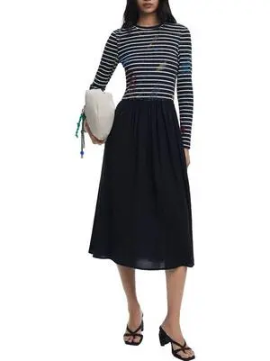 Desigual Long Sleeve Mixed Media Midi Dress - Black