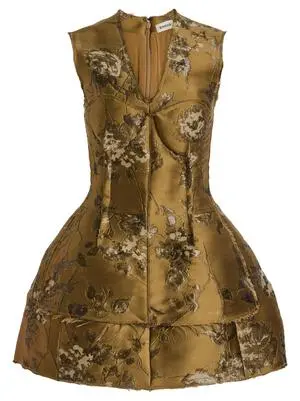 Simkhai Brynelle Raw-edge Floral Brocade Mini Dress - Bronze