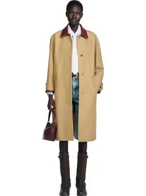 Sandro Long Trench Coat With Leather Collar - Brown / Neutral