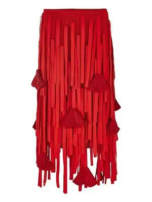 FERRAGAMO Floral-embellished Tasseled Mesh Midi Skirt - Red