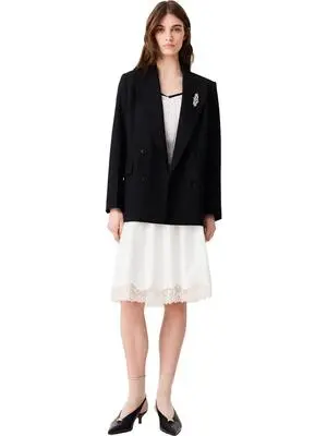Maje Double-breasted Polyester Jacket With Removable Brooch - Black