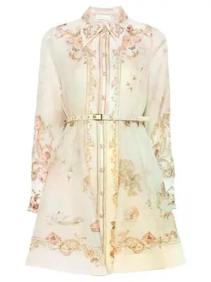 Zimmermann Floral-print Belted Mini Shirt Dress - Neutrals