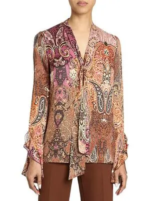 Santorelli Sienna Long Sleeve Blouse With Tie Neck - Chestnut Multi