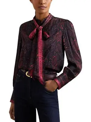 REISS Dana Tie Neck Blouse - Burgundy