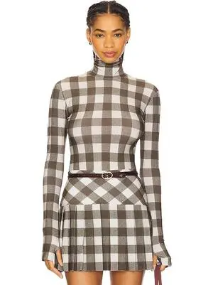 Norma Kamali Slim Fit Long Sleeve Turtleneck Top - Bark Box Plaid