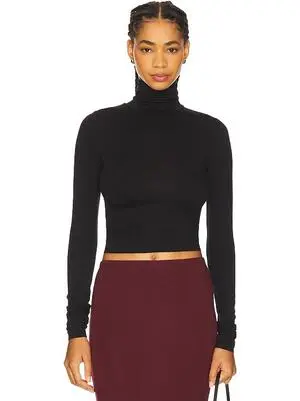 Eterne Cropped Fitted Turtleneck Soft Jersey Top Black