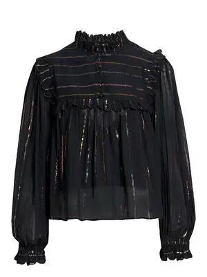 Farm Rio Striped Metallic Fil Coupé Blouse - Black