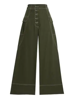 Farm Rio Cotton-twill Wide-leg Pants - Dark Green
