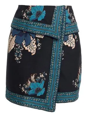 Farm Rio Wrap-effect Floral-print Cotton-twill Mini Skirt - Black
