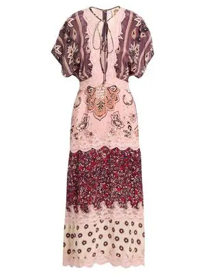 Farm Rio Printed Satin And Lace Midi Dress - Baby Pink