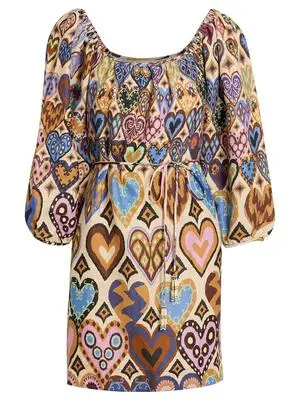 Farm Rio Belted Printed Linen-canvas Mini Dress - Beige