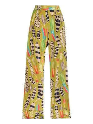 Farm Rio Cropped Printed Satin Straight-leg Pants - Lime Green