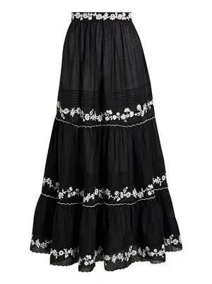 Farm Rio Embroidered Cotton-voile Maxi Skirt - Black