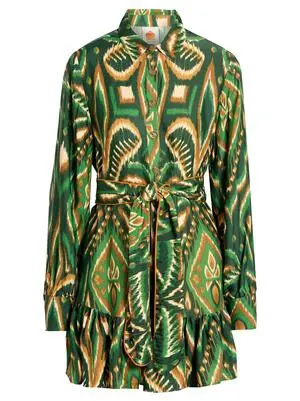 Farm Rio Ruffled Printed Woven Mini Shirt Dress - Green