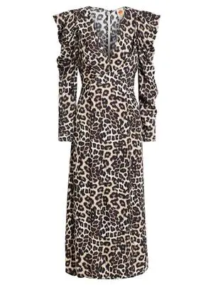 Farm Rio Leopard-print Ruched Satin Midi Dress - Black