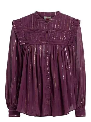 Farm Rio Striped Metallic Fil Coupé Blouse - Burgundy