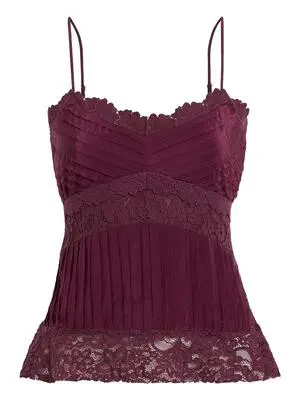 Farm Rio Crochet-trimmed Corded Lace And Crepe De Chine Camisole - Plum