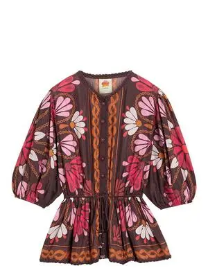 Farm Rio Floral-print Cotton-blend Voile Blouse With Crochet Trim - Chocolate