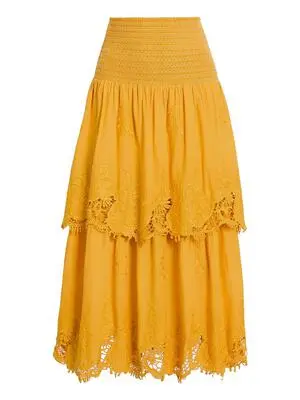 Farm Rio Tiered Embroidered Cotton Midi Skirt - Saffron