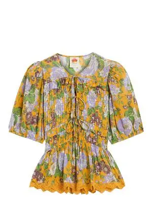 Farm Rio Pintucked Floral-print Cotton-voile Blouse - Marigold