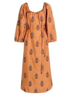 Farm Rio Embroidered Linen Midi Dress - Tan