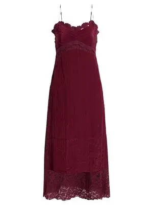 Farm Rio Pintucked Crepe De Chine And Corded Lace Midi Dress - Plum