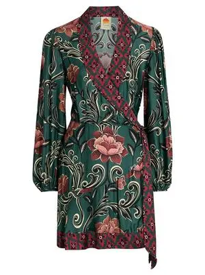 Farm Rio Bead-embellished Floral-print Mini Wrap Dress - Emerald
