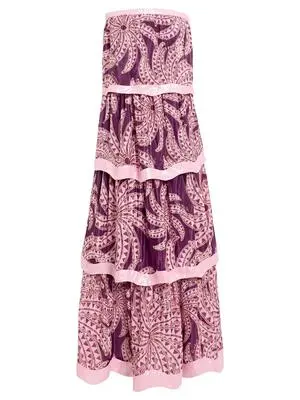 Farm Rio Strapless Tiered Printed Maxi Dress - Burgundy