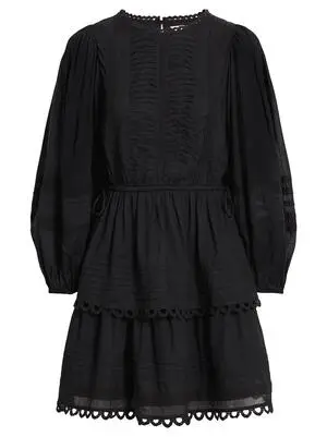 Farm Rio Lace-trimmed Pintucked Cotton-voile Mini Dress - Black