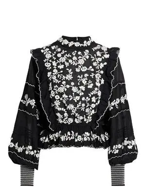Farm Rio Ruffled Embroidered Cotton-voile Blouse - Black