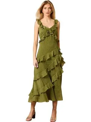 OASIS Dobby Ruffle V-neck Tiered Midi Dress - Khaki