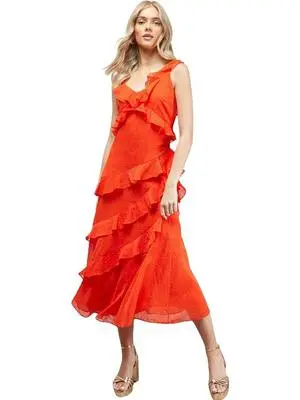 OASIS Dobby Ruffle V-neck Tiered Midi Dress - Orange