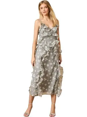 OASIS Ruffle Front V-neck Strappy Midi Dress - Grey