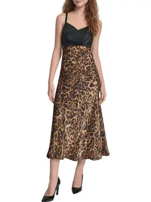 Dkny Mixed Media Print Sleeveless Midi Dress - Black/truffle Cheetah